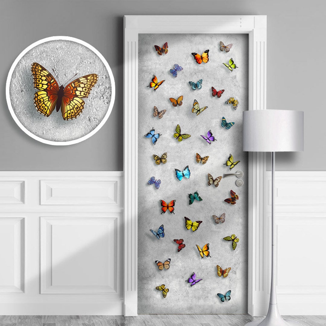 Butterflies on a Wall Door Mural - Colorful Rainbow Wings. Single Piece ...