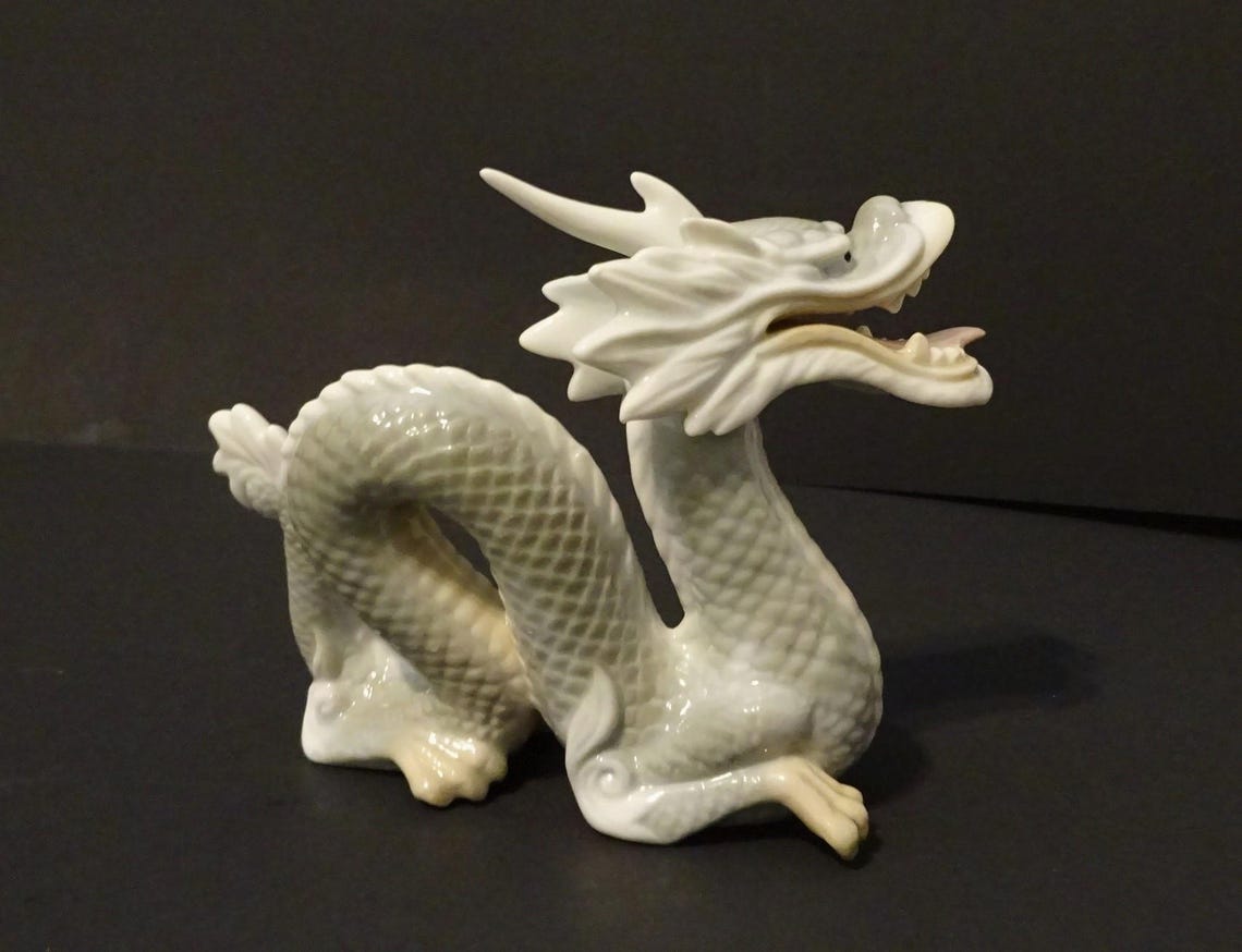 Vinatge Yoshimi K Porcelain Foo Dragon Figurine Gray/white With Sphere ...