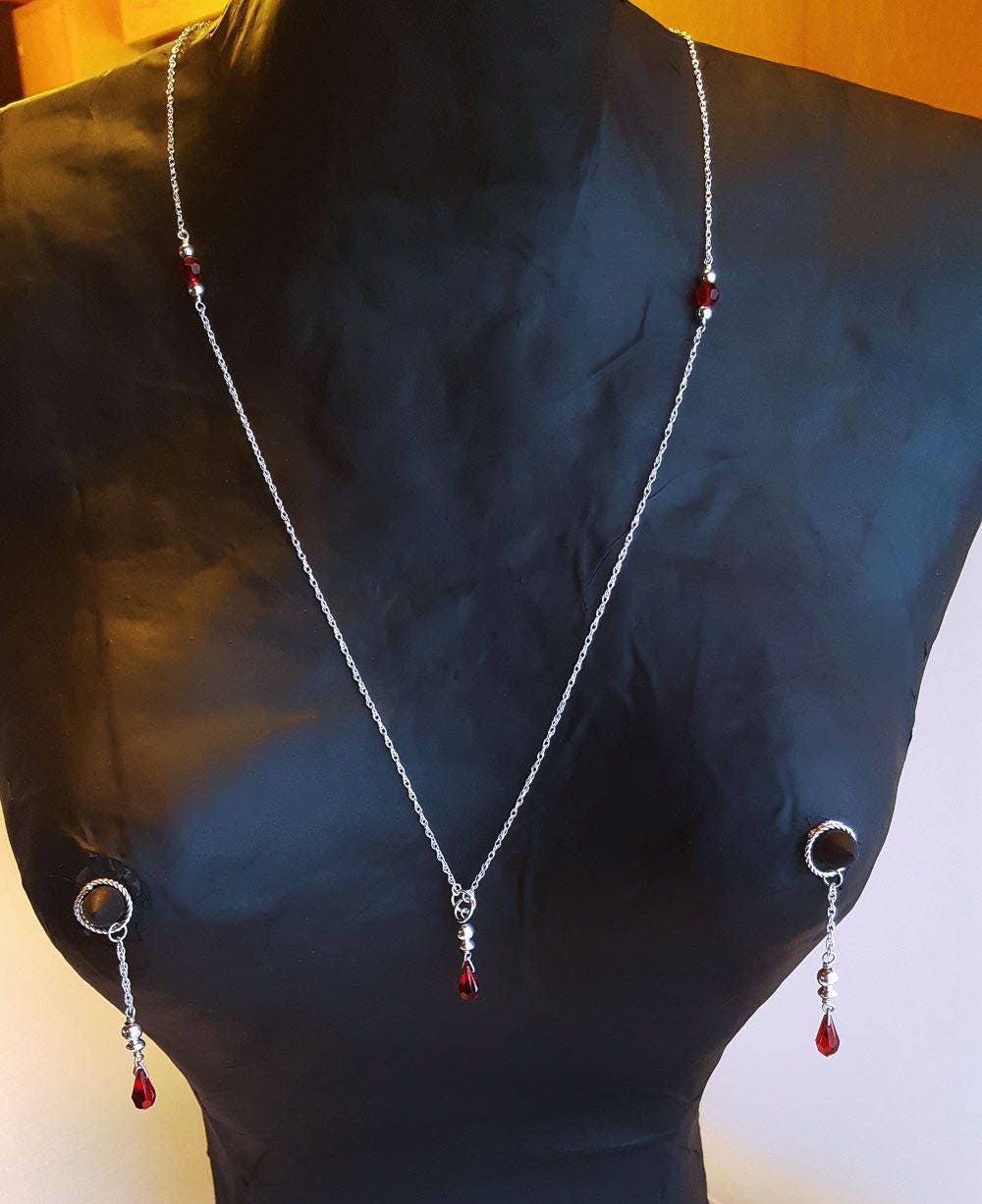 No Pierce Lariat Nipple Chain Sterling Silver And Crystal Necklace
