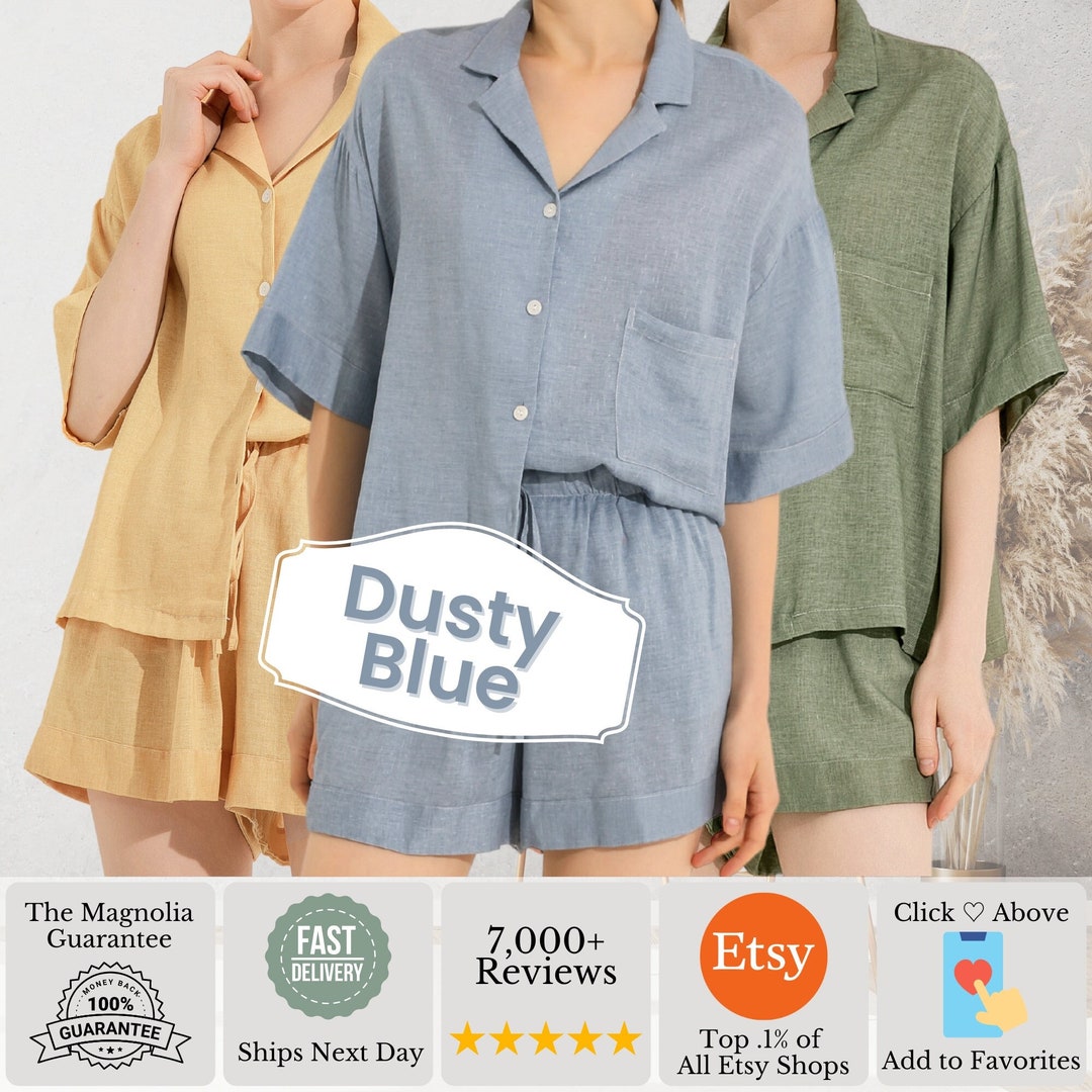 Dusty Blue Linen Blend Bridal Party PJ Set | Linen Getting Ready ...