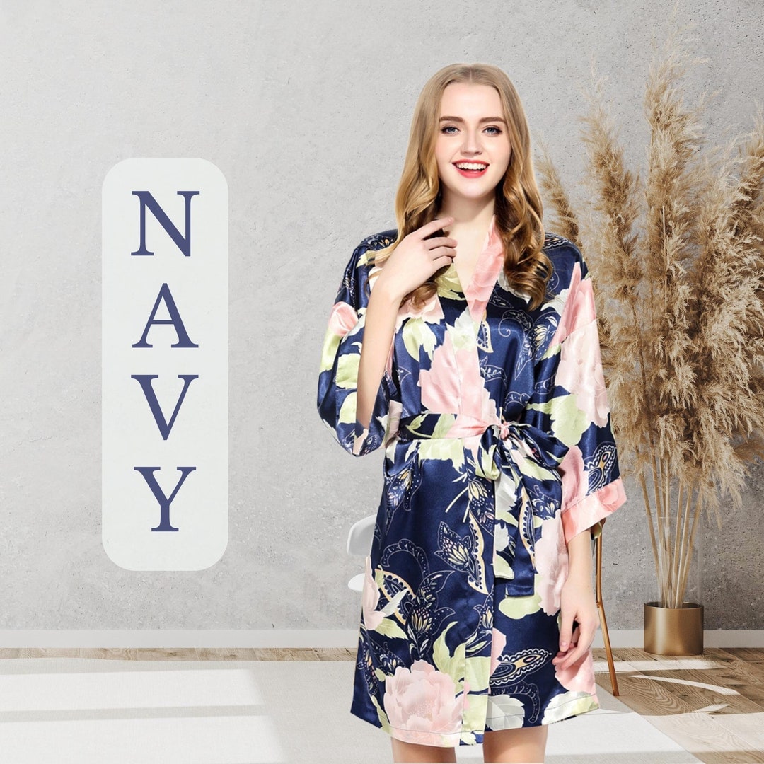Navy Floral Satin Robes for Bridesmaids Bridal Party Robes Set of ...
