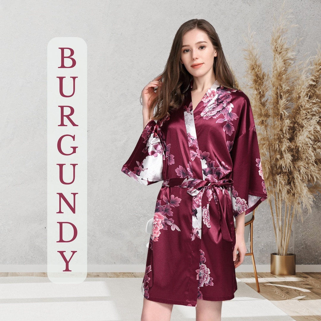 Burgundy Satin Bridesmaid Robes Floral Bridal Party Robes Bridal Party ...