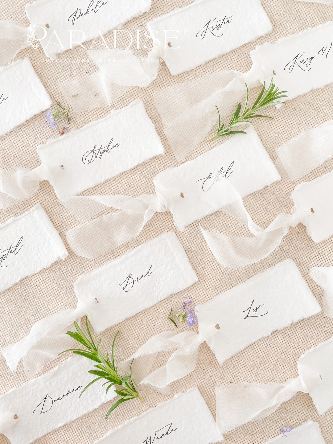 Handmade Place Cards | Deckle Edge Cotton Paper | Chiffon Ribbon | Fine ...