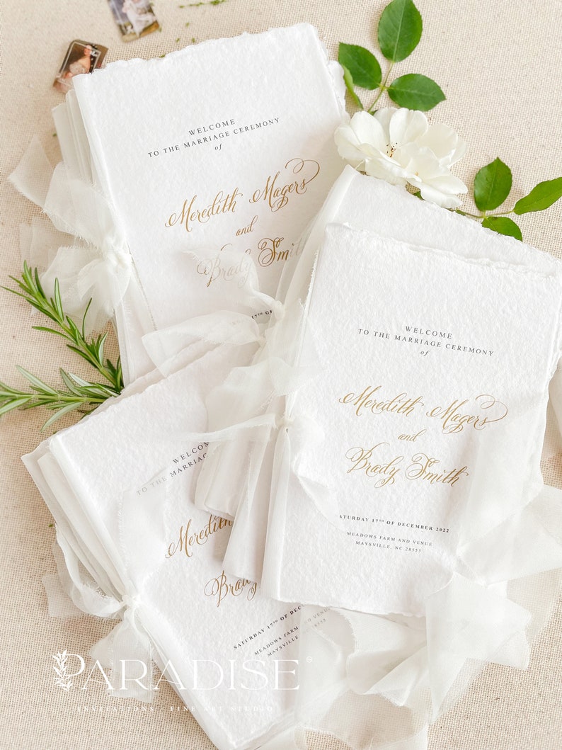 Order of Service Wedding | Handmade Paper Program | Gold Typography ...
