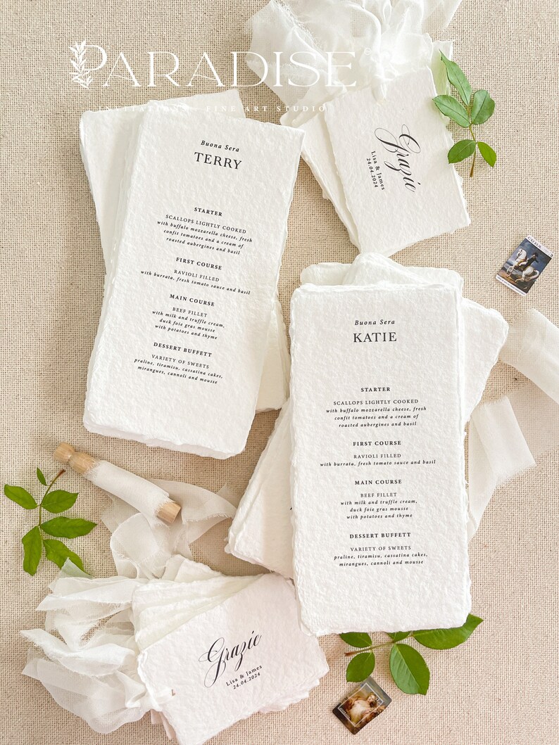 Handmade Paper Menus | Guests Names | Day of Stationery | Personalised ...