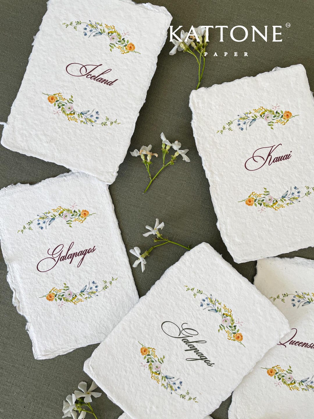 Floral Place Cards | Handmade Deckle Paper | Watercolor Wreath Design ...