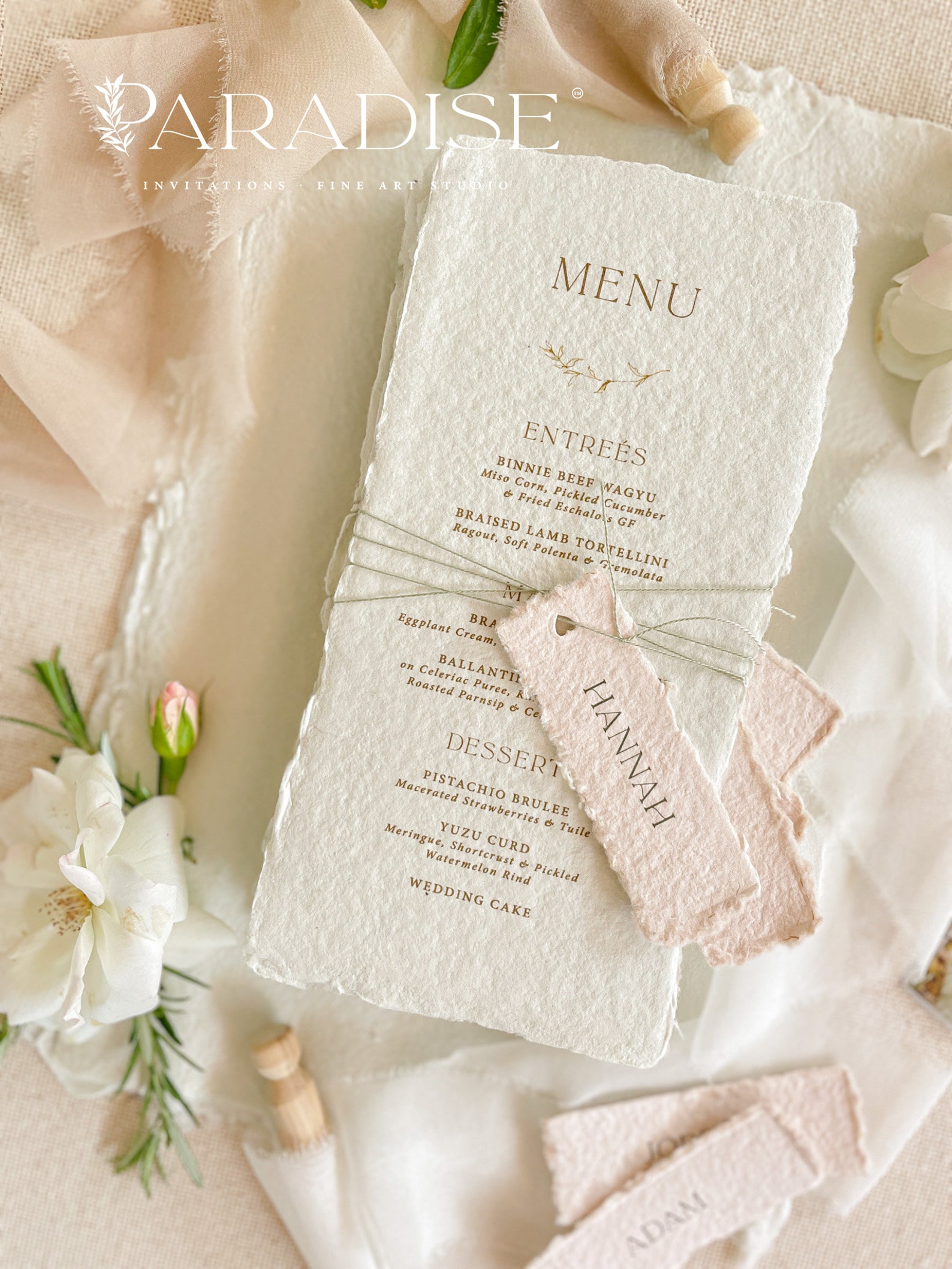 Sylvia Handmade Paper Wedding Menus, Deckled Edge Paper Menus, Day ...
