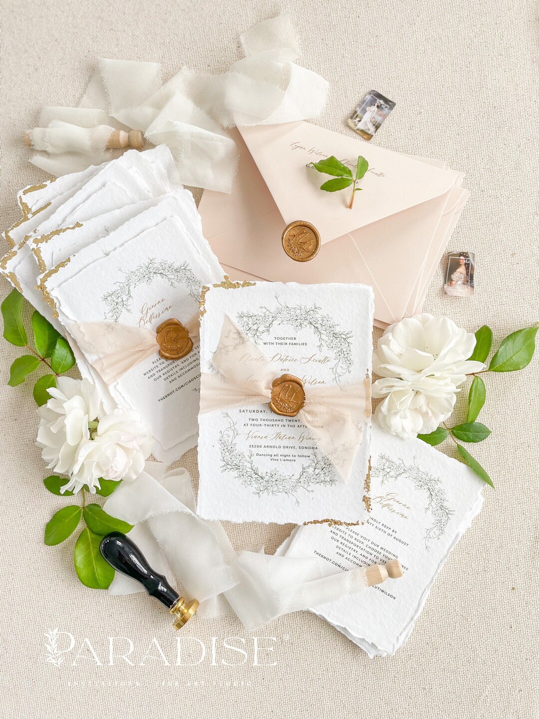 Celestyna Handmade Wedding Invitation Sets, Golden Leaf Wedding ...