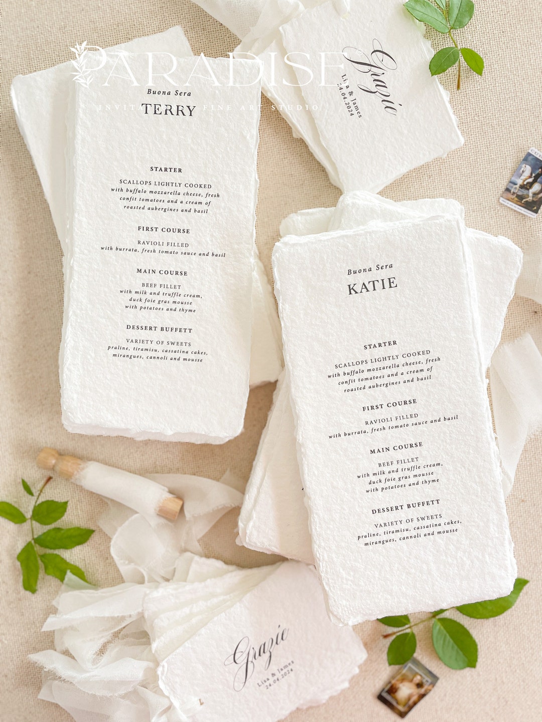 Handmade Paper Menus | Guests Names | Day of Stationery | Personalised ...