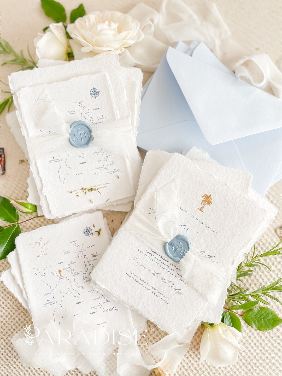 Jennine Handmade Paper Wedding Invitation Suite, Custom Map ...