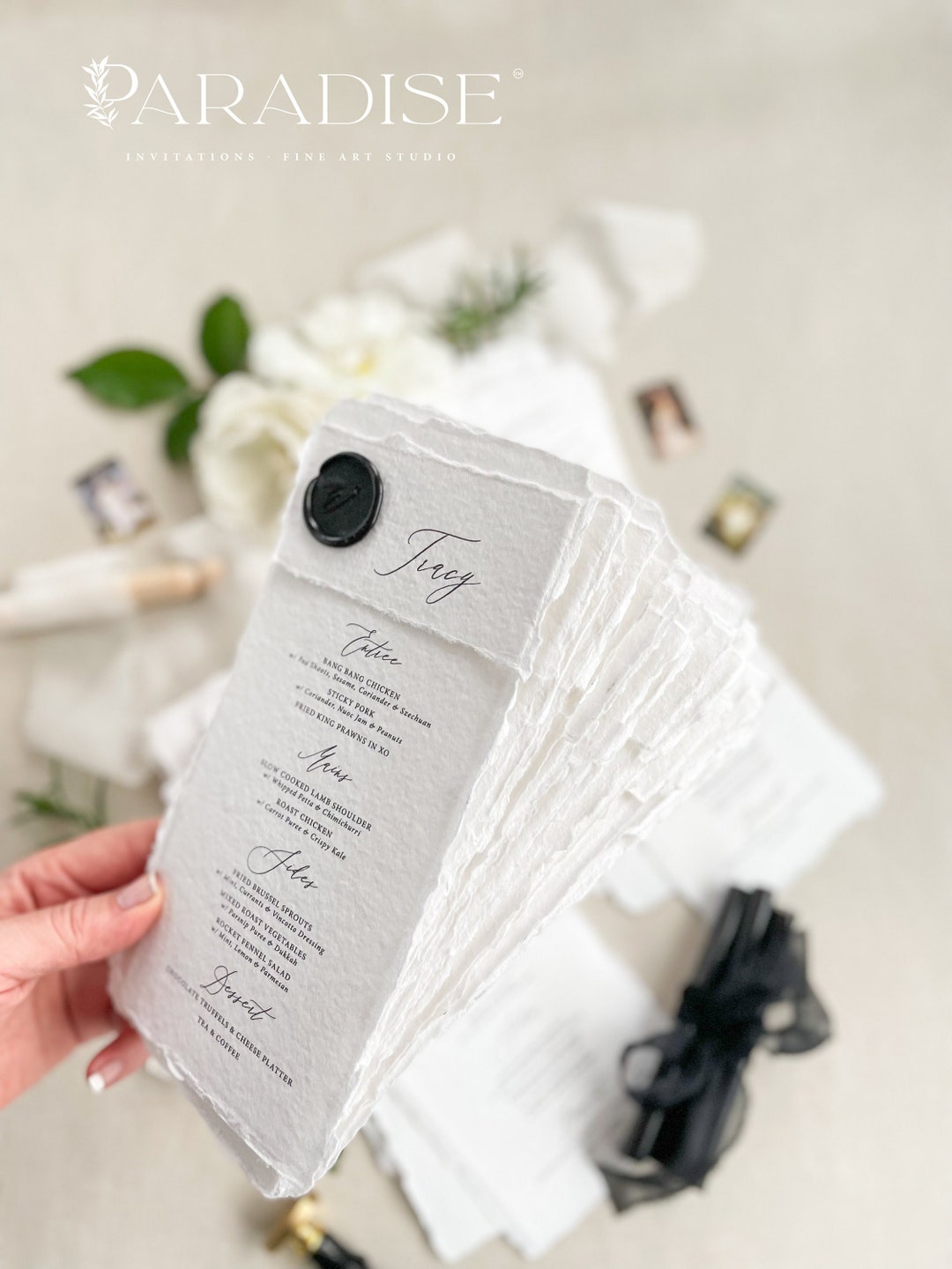 Muriel Handmade Paper Wedding Menus, Deckled Edge Paper Menus, Day ...
