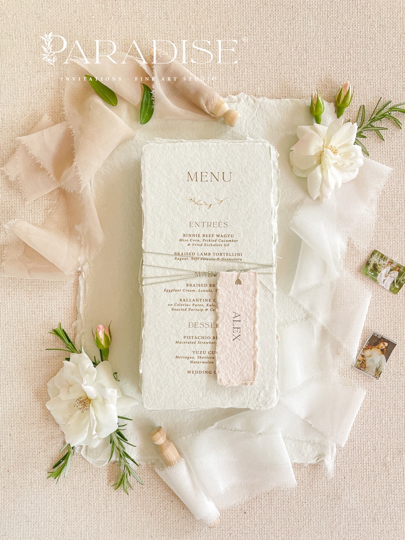 Sylvia Handmade Paper Wedding Menus, Deckled Edge Paper Menus, Day ...