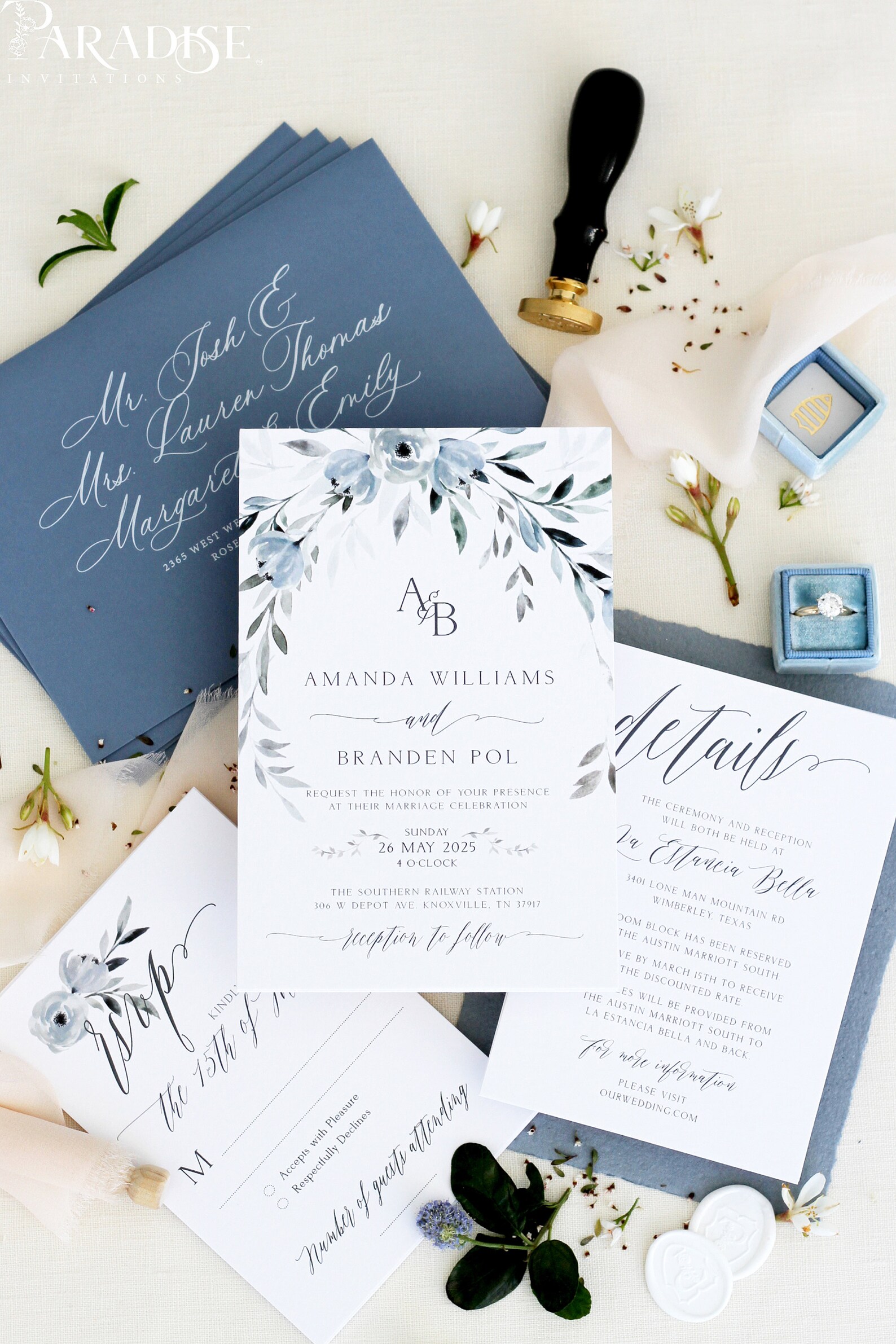 Skyla Dusty Blue Wedding Invitation Sets, Watercolour Floral ...
