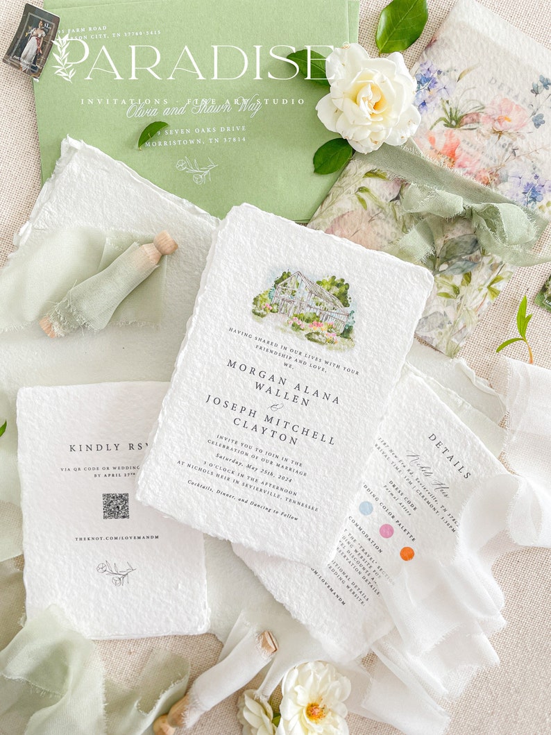 Wedding Invitations | Handmade Paper Deckled Edges | Custom Watercolor ...