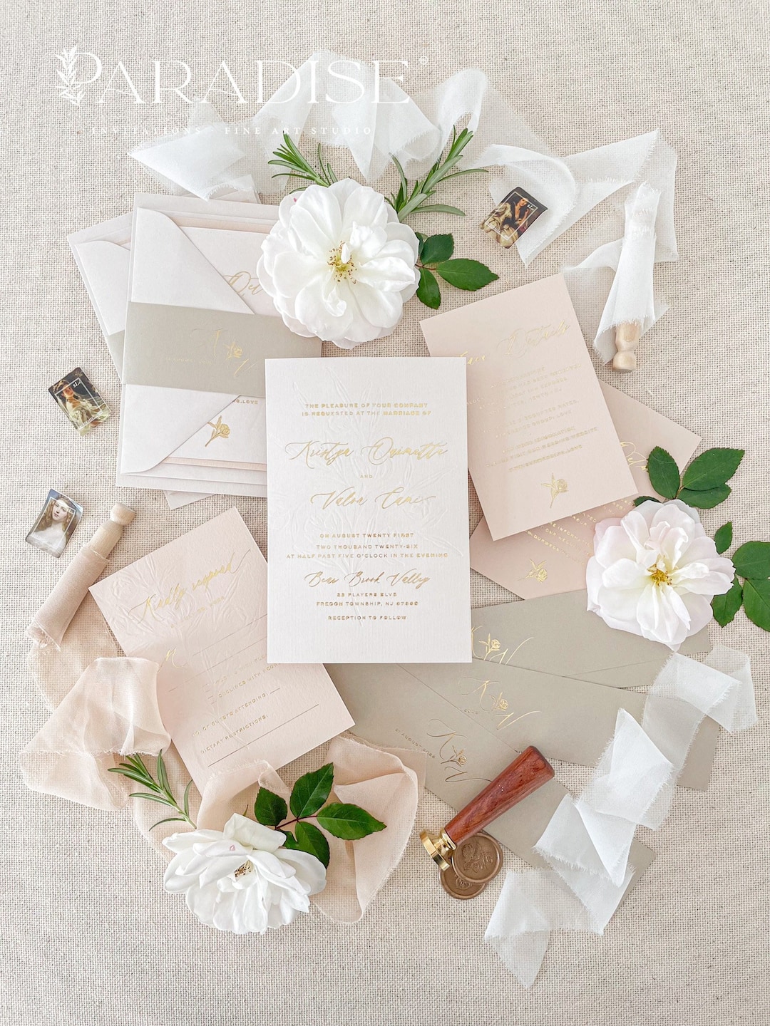 Leah Real Hot Foil Wedding Invitation Sets Golden Foil - Etsy
