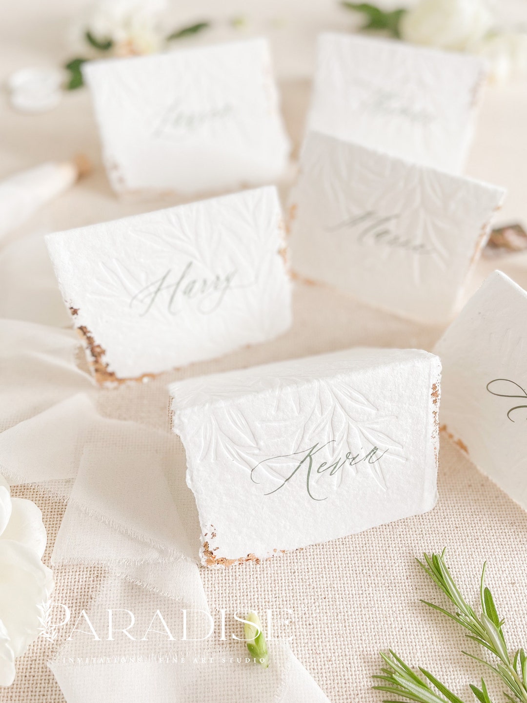 Embossed Handmade Place Cards | Deckle Edge Cotton Paper | Minimal ...