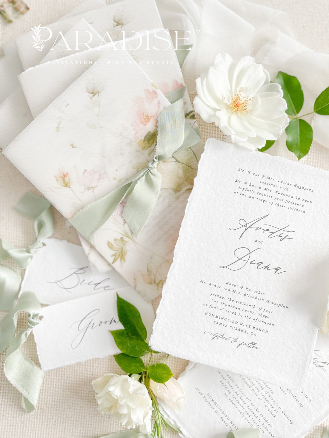 Chanell Handmade Paper Wedding Invitations, Vellum, Deckled Edge Paper ...