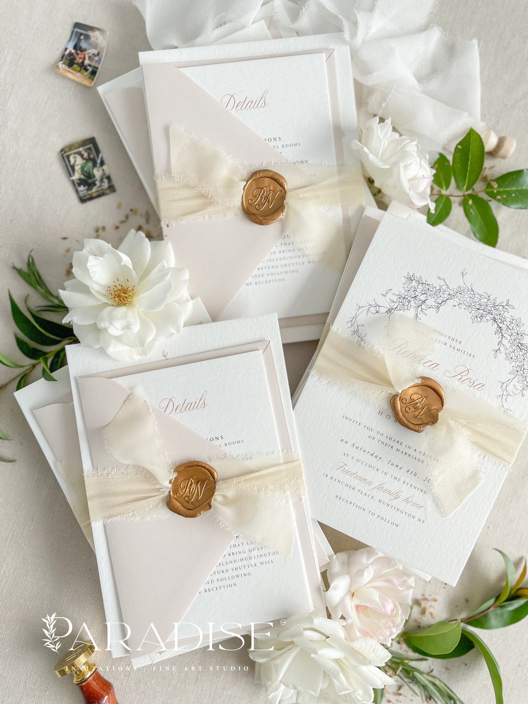 Amalie Silk Ribbon Invitations, Wedding Invitation Suit, Hand Drawn ...