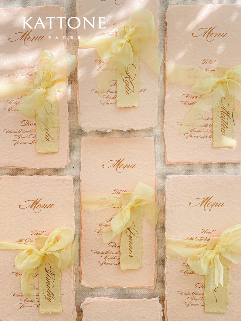 Colored Handmade Paper Wedding Menus | Deckled Edge Paper Menus | Day ...