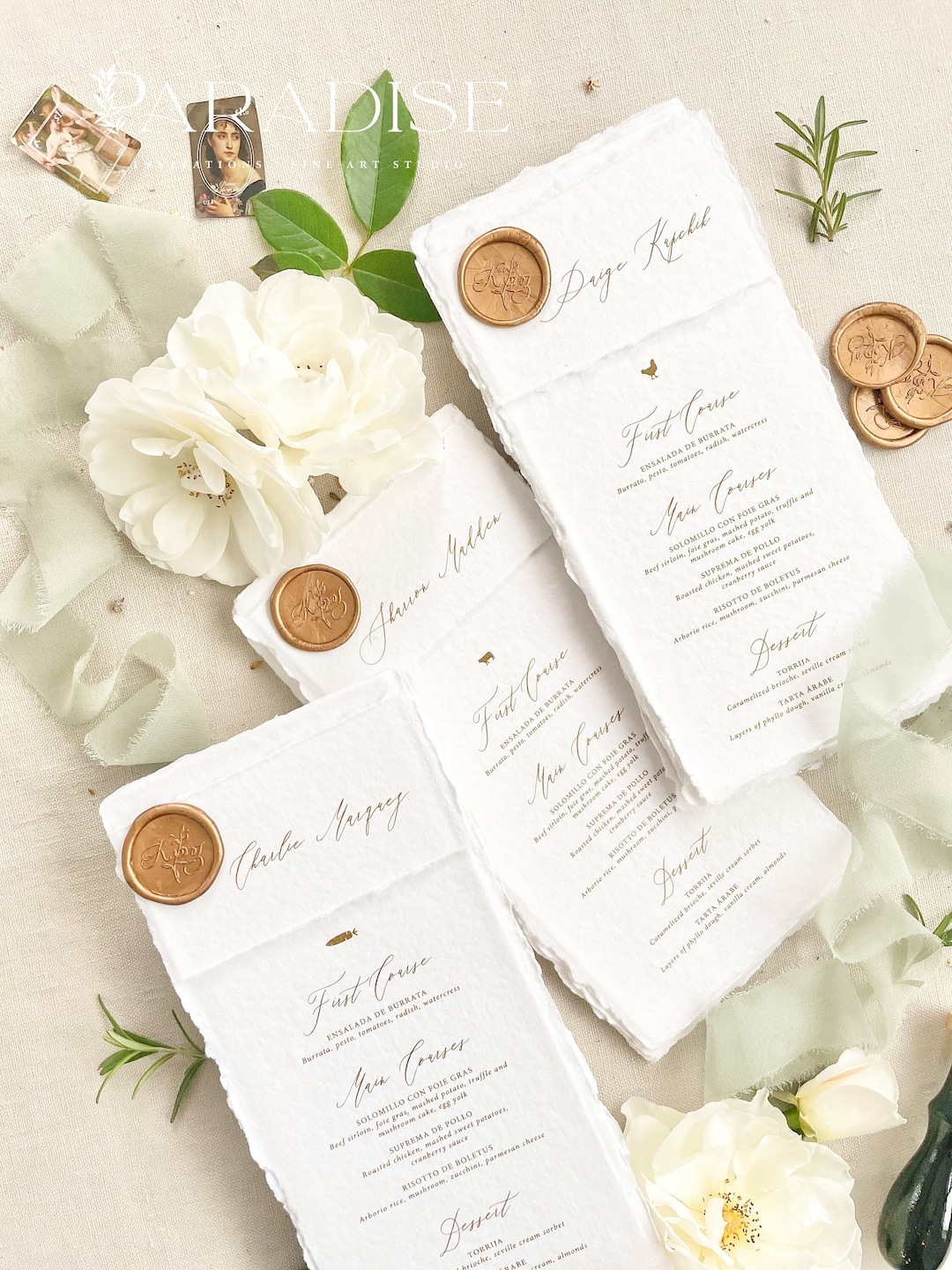 Jules Handmade Paper Wedding Menus, Deckled Edge Paper Menus, Day ...