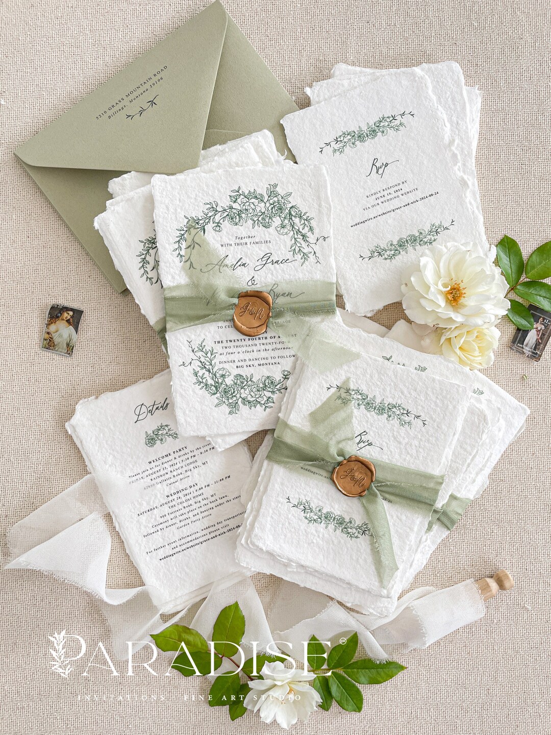 Olga Handmade Paper Wedding Invitation Set, Deckled Edge Invitations ...