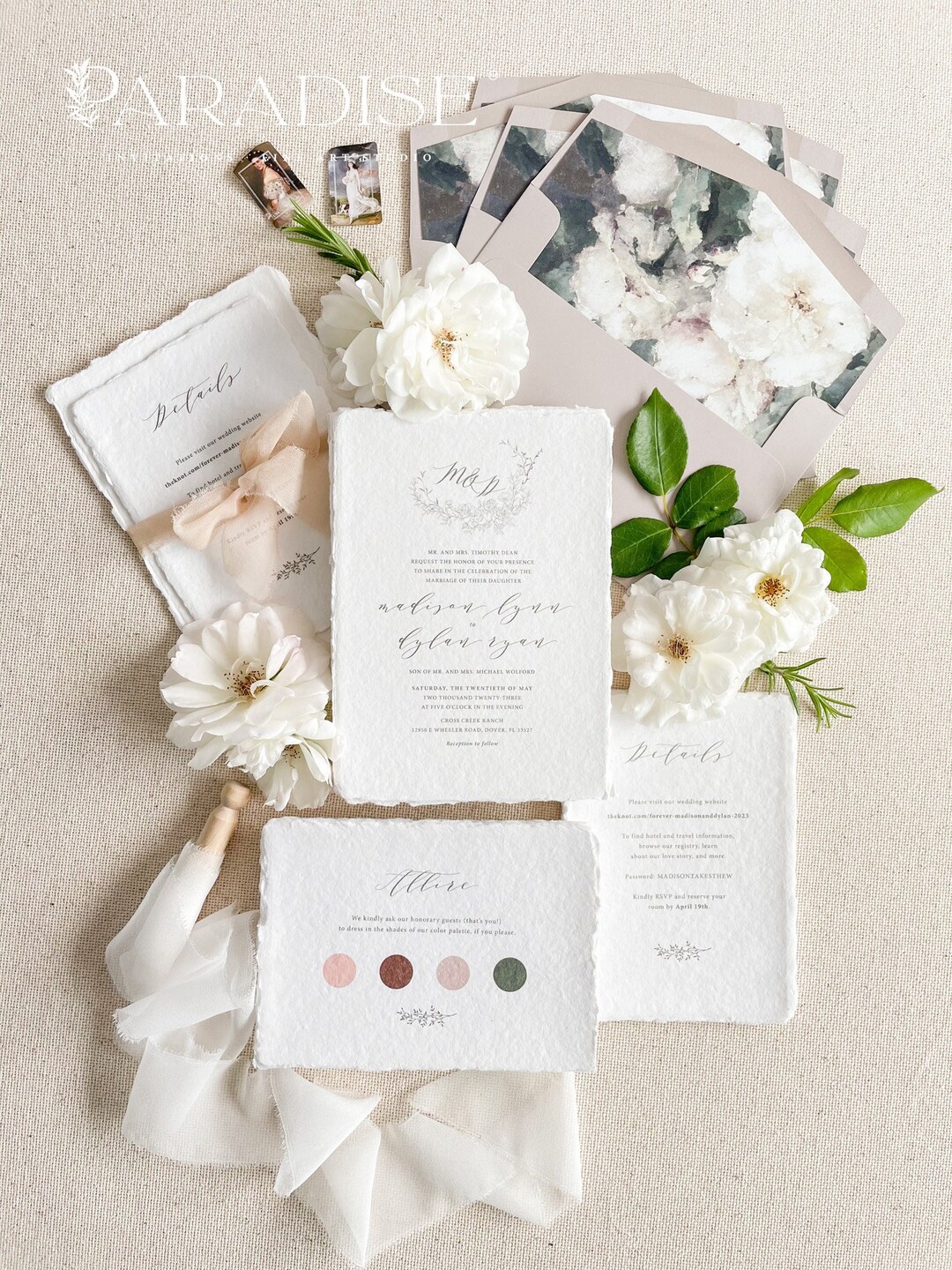 Calantha Handmade Wedding Invitations, Deckled Edge Paper Invitations ...