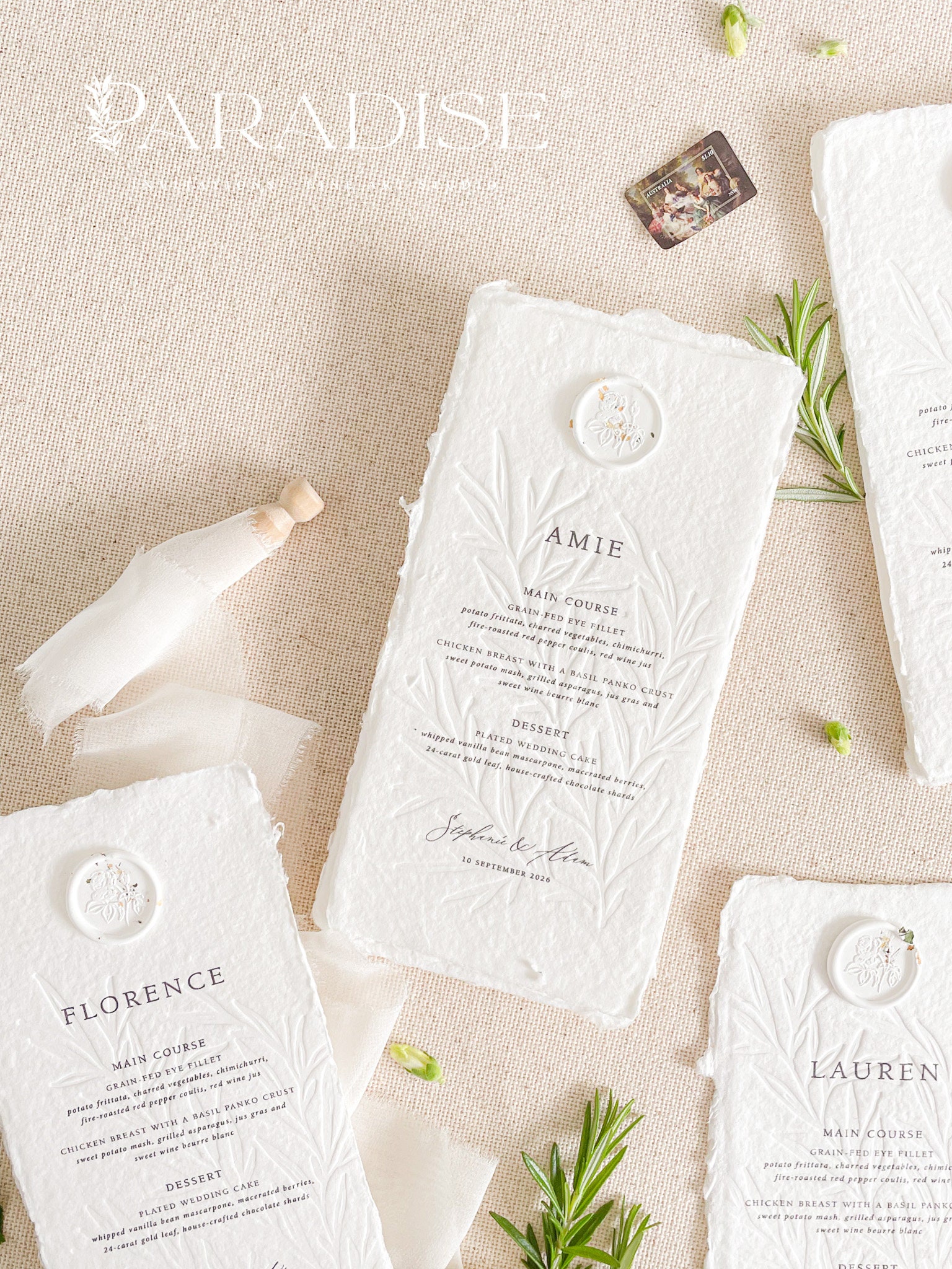 Embossed Handmade Paper Menus | Wax Seals With Dry Petals | Custom ...