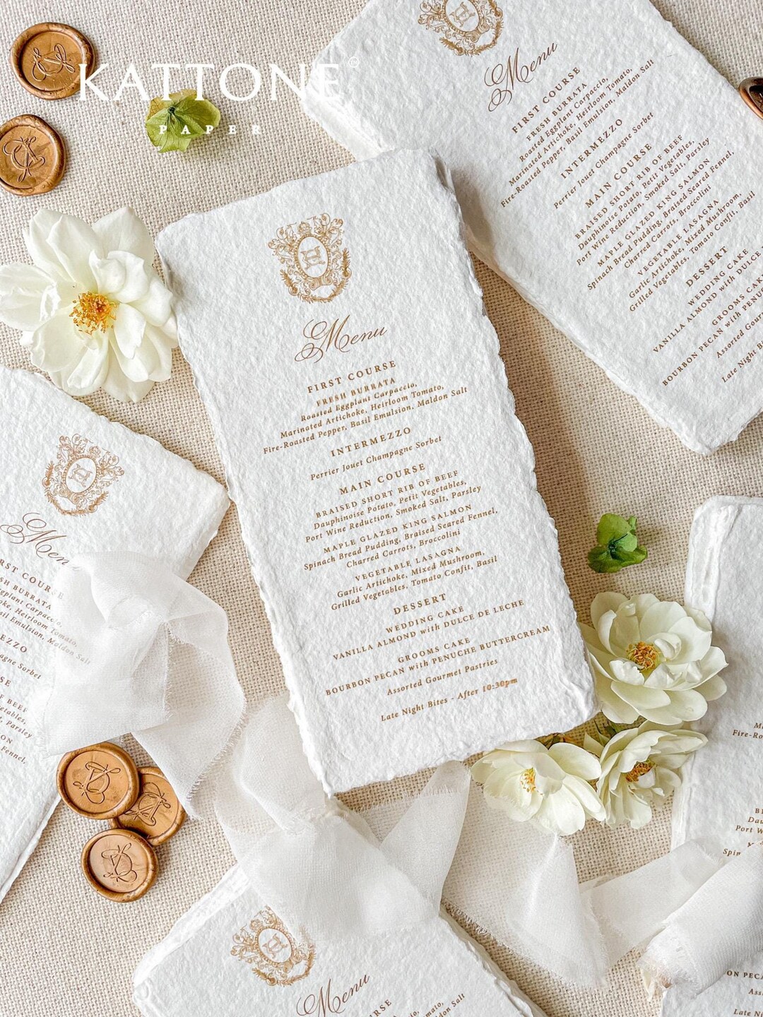 Livia Handmade Paper Wedding Menus, Monogram Menus, Deckled Edge Paper ...