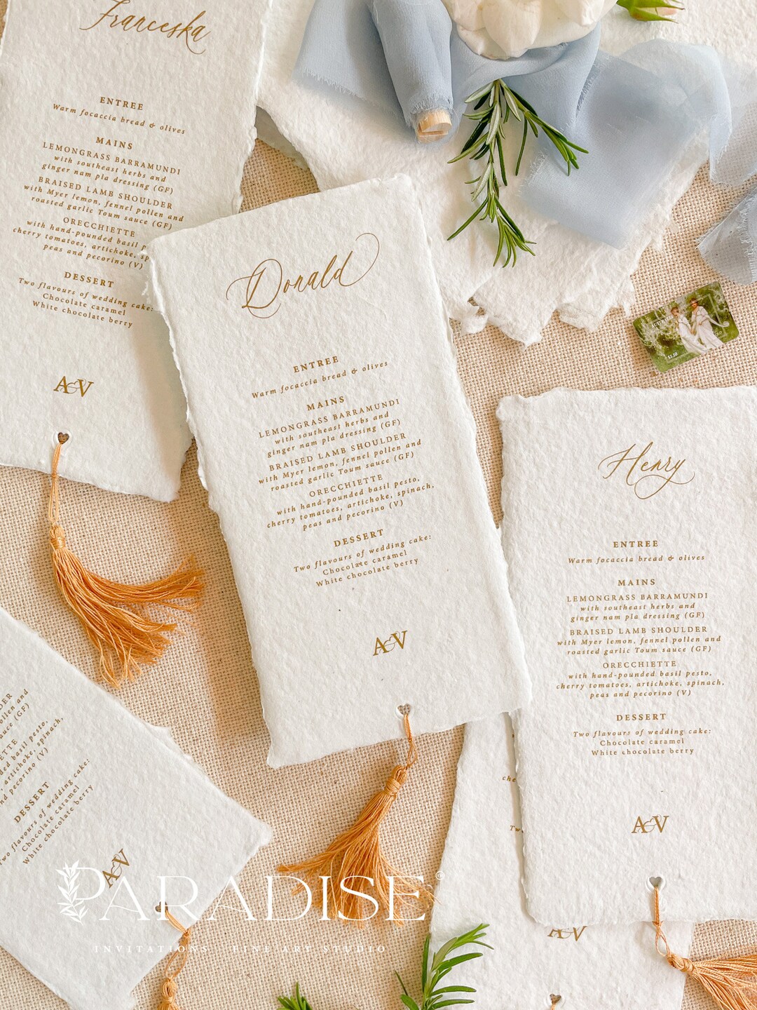 Emely Tassels Handmade Paper Wedding Menus, Deckled Edge Paper Menus ...