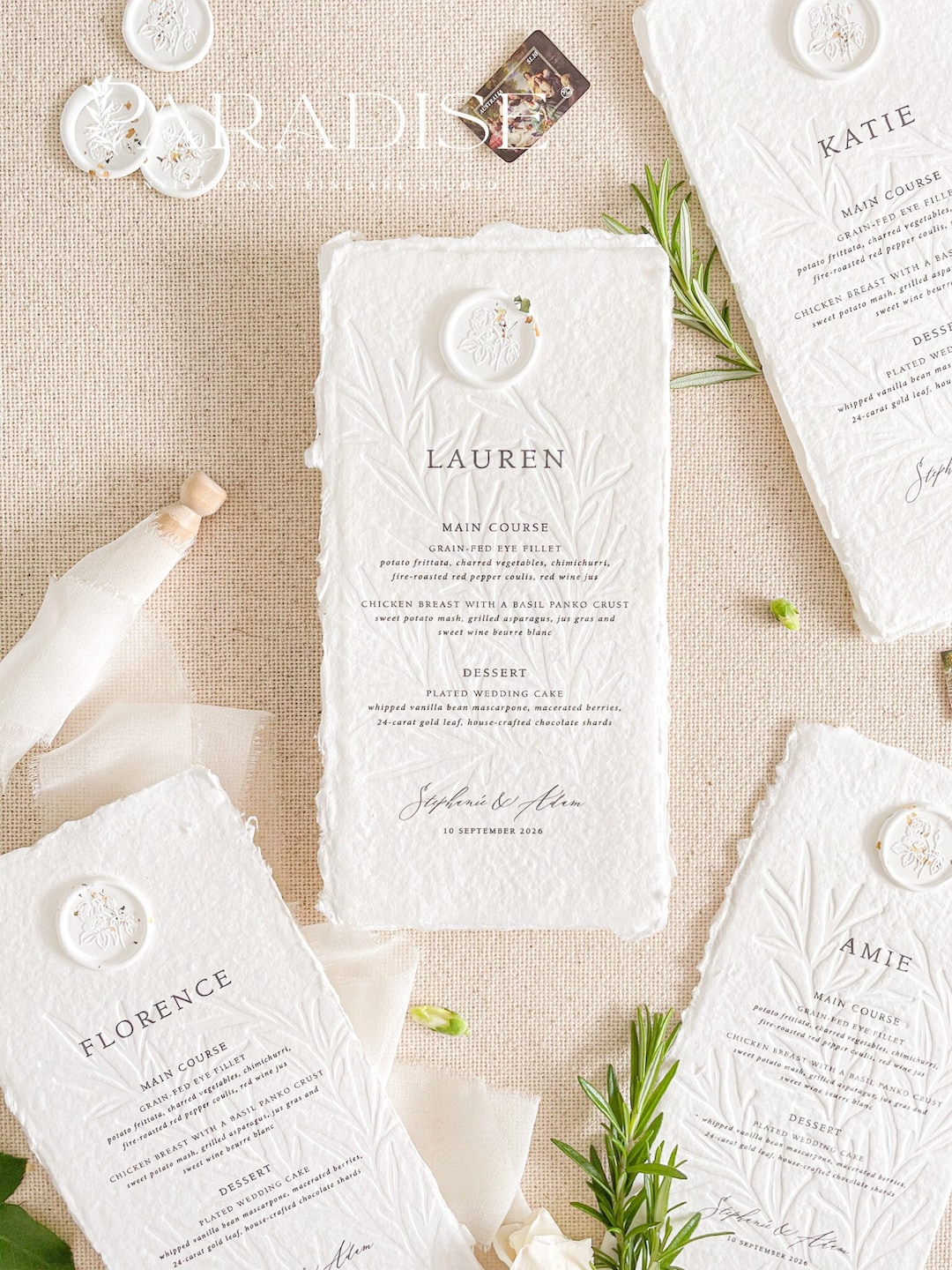 Cora Embossed Handmade Paper Menus, Guests Names Place Cards, Printed ...