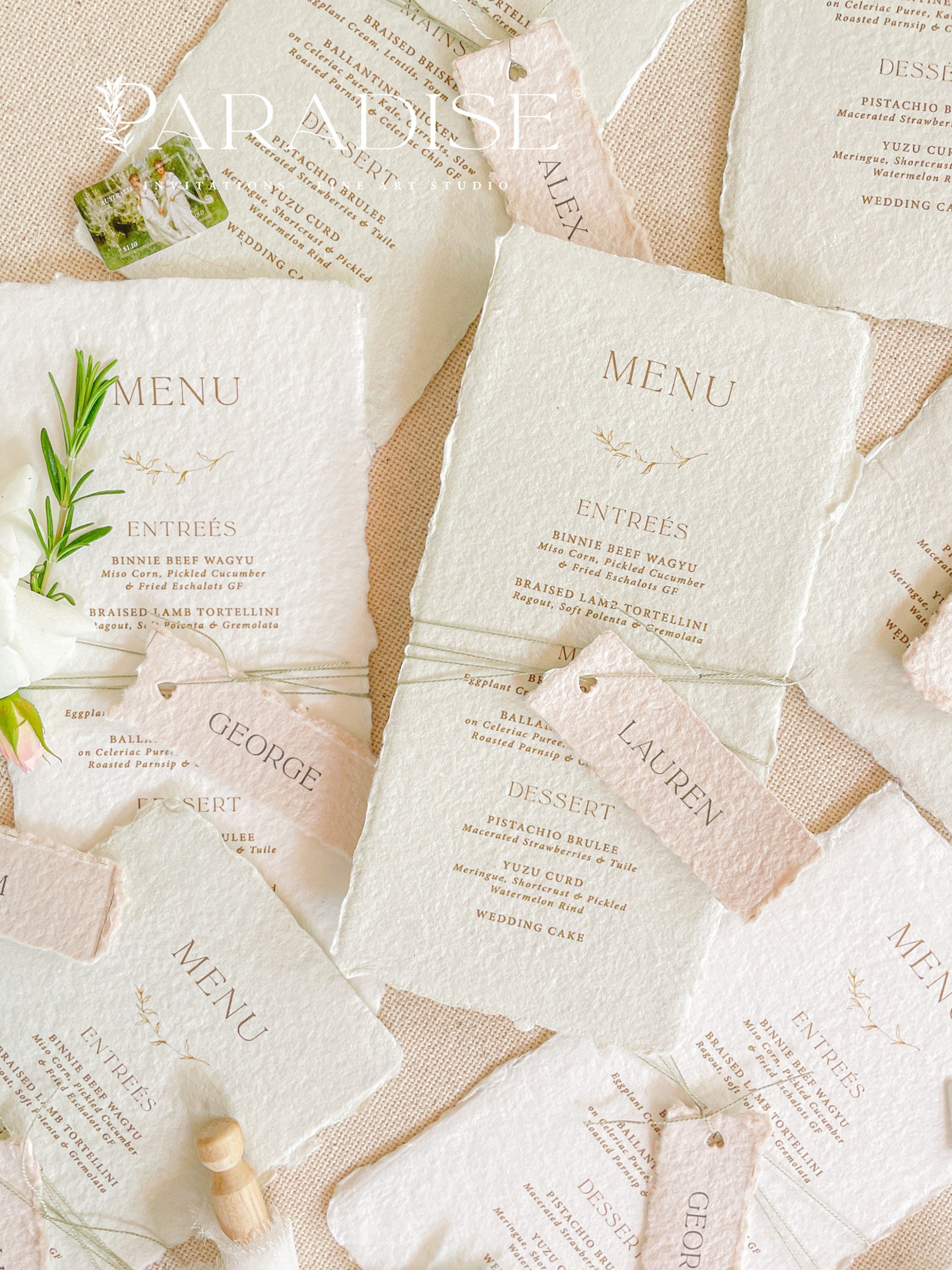 Sylvia Handmade Paper Wedding Menus, Deckled Edge Paper Menus, Day ...