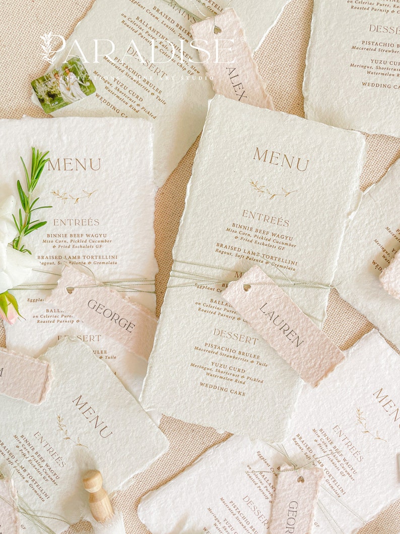 Sylvia Handmade Paper Wedding Menus, Deckled Edge Paper Menus, Day ...