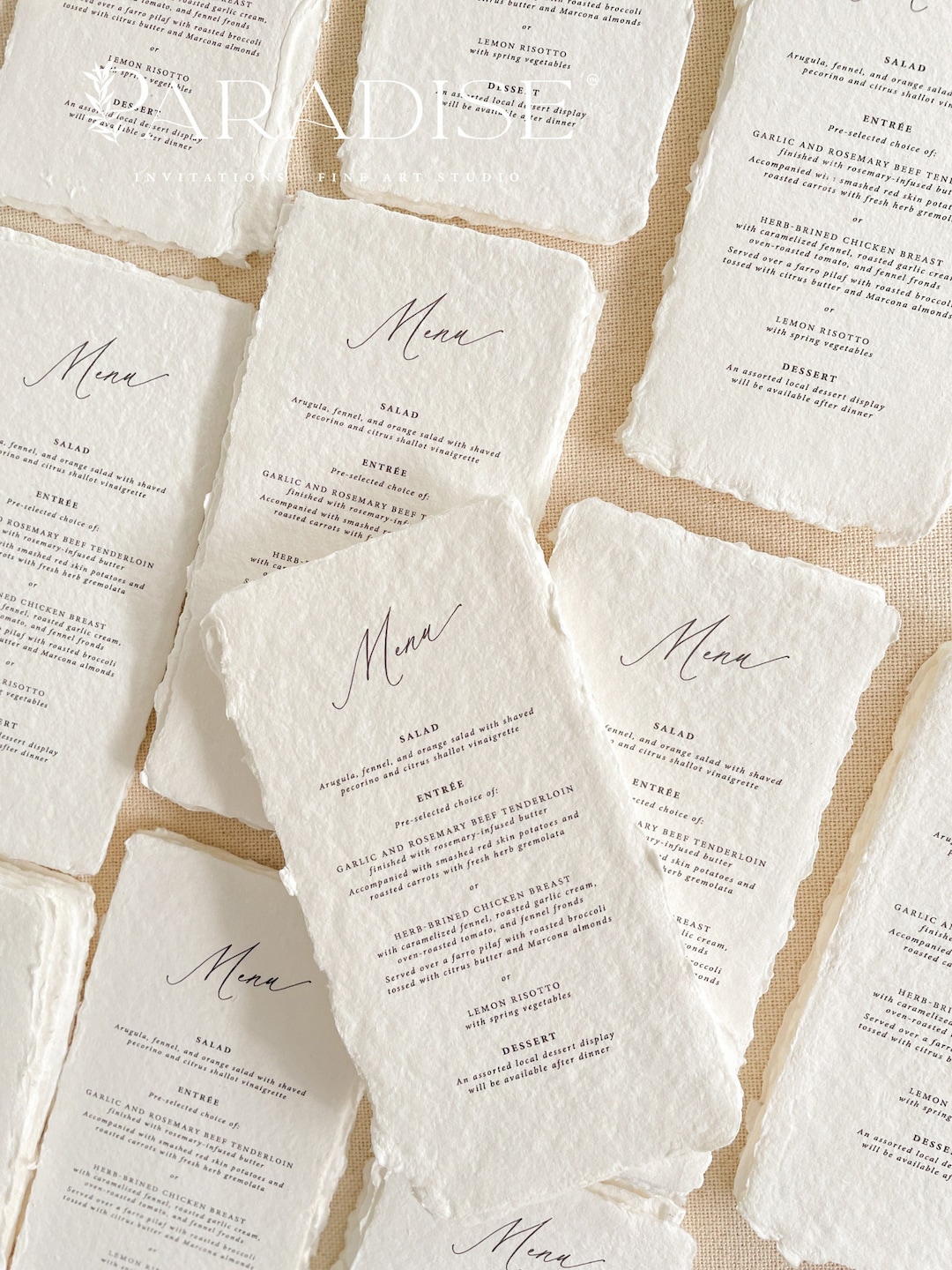 Margo Handmade Paper Wedding Menus, Deckled Edge Paper Menus, Day ...
