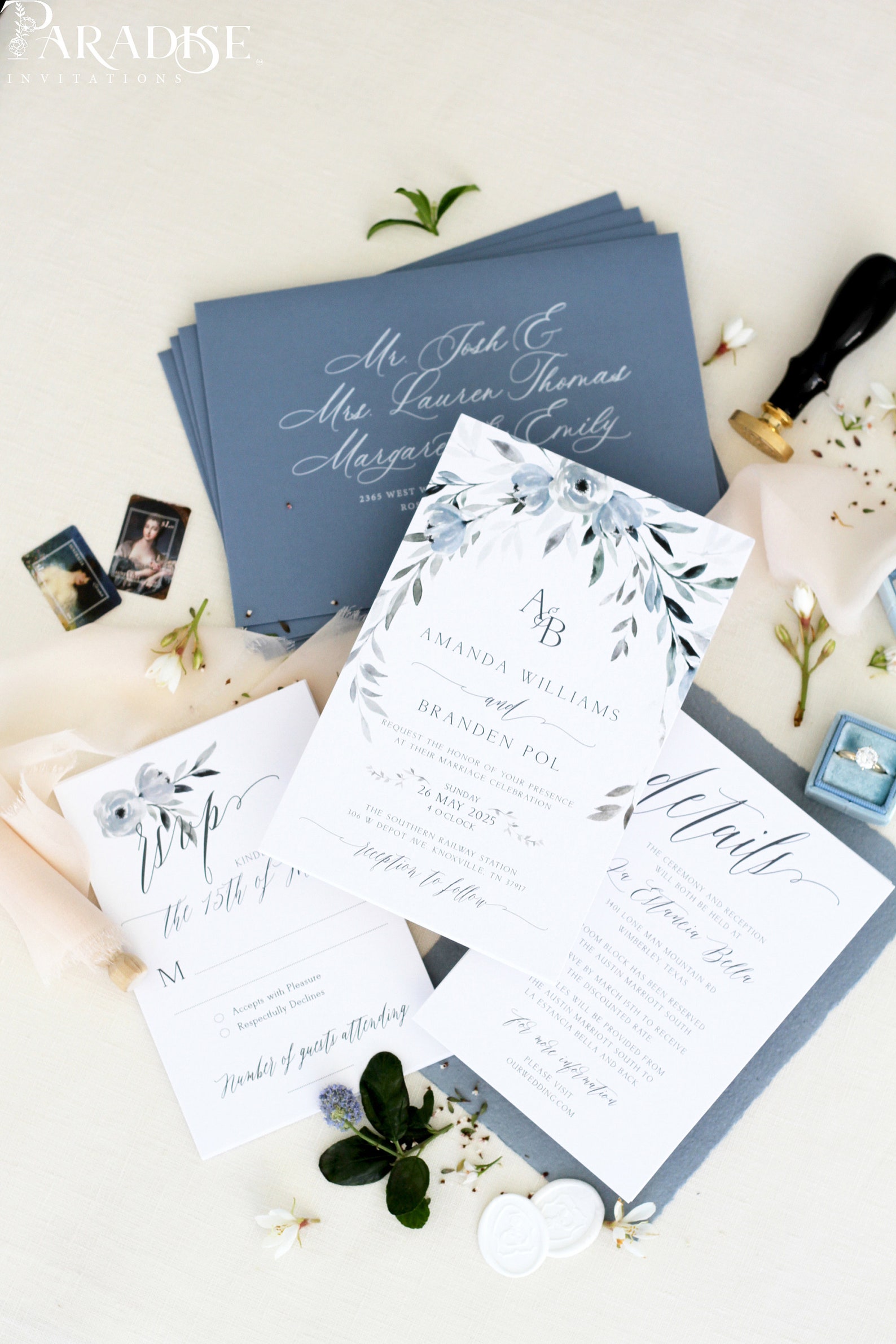 Skyla Dusty Blue Wedding Invitation Sets, Watercolour Floral ...