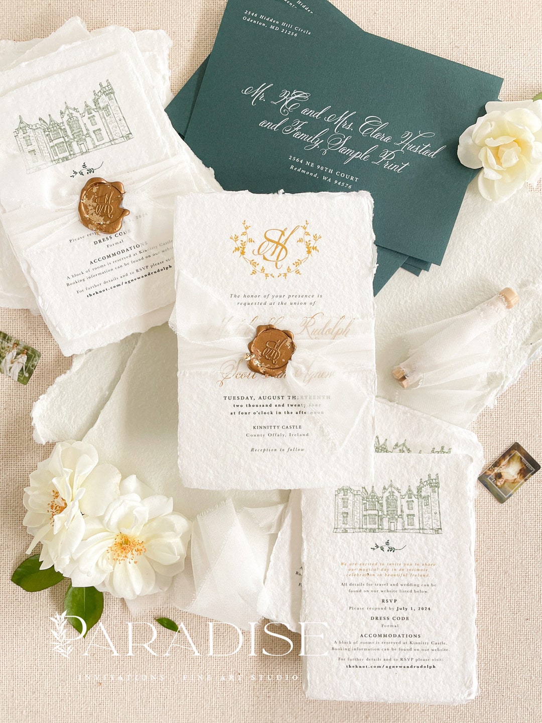Magnolia Handmade Paper Wedding Invitations, Silk Satin Ribbons and Wax ...