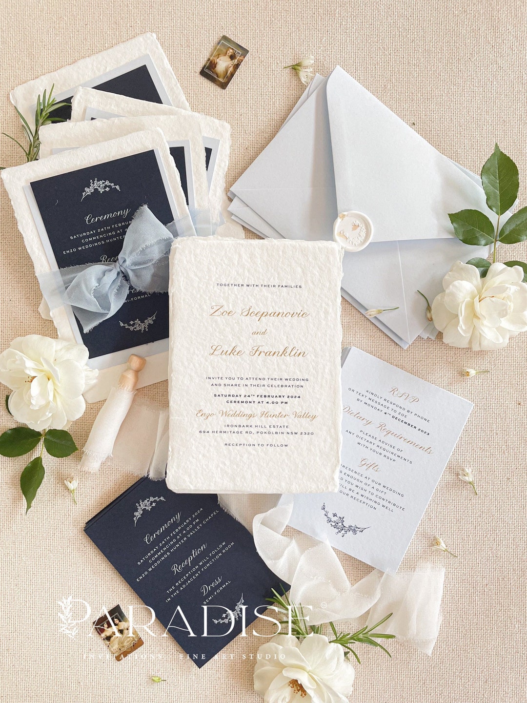 Ava Handmade Wedding Invitation Sets, Deckled Edge Paper Invitations ...