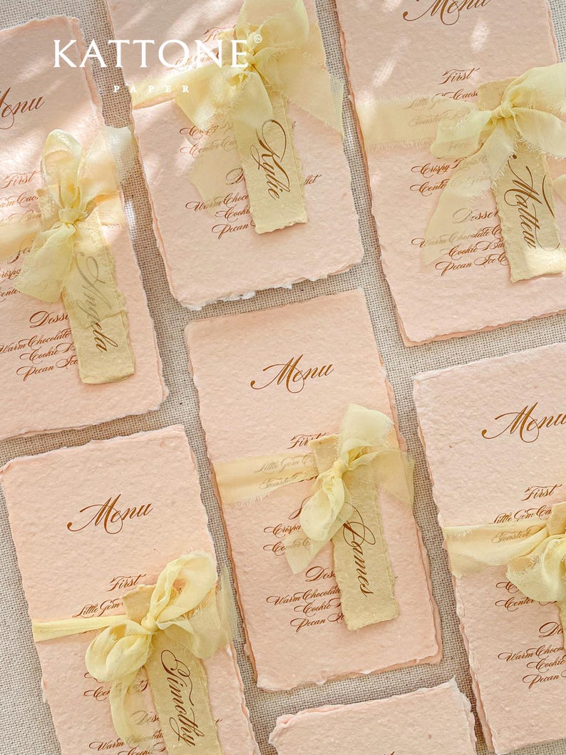 Colored Handmade Paper Wedding Menus | Deckled Edge Paper Menus | Day ...