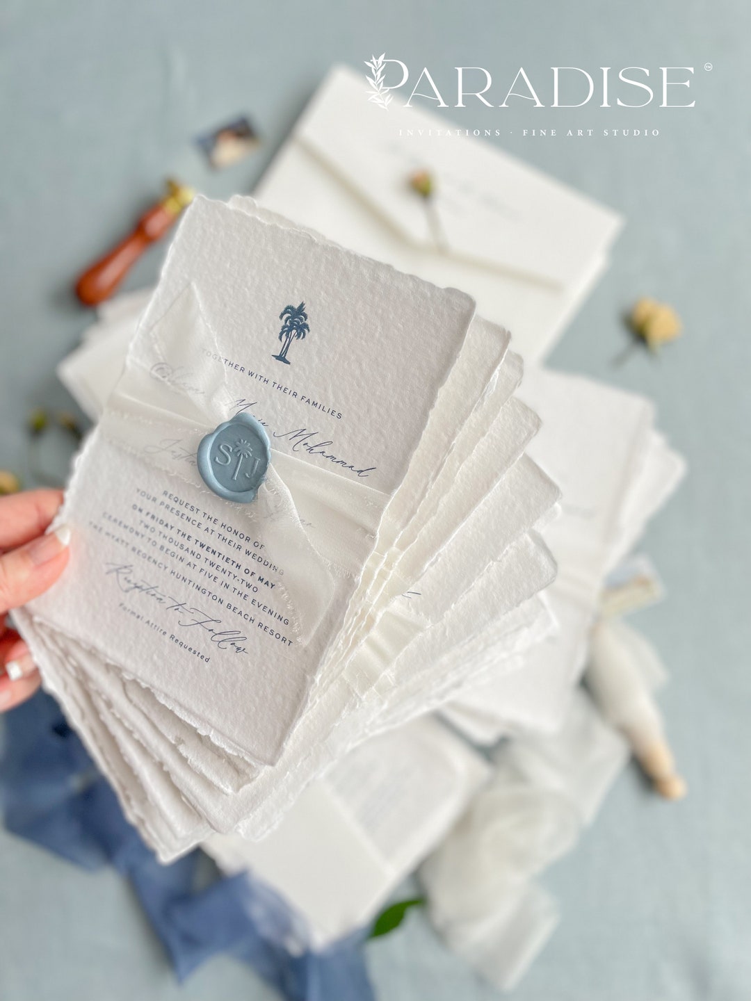 Heidi Handmade Paper Wedding Invitation, Deckled Edge Paper Invitation ...
