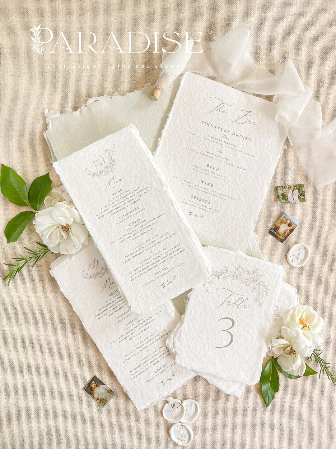 Alexis Handmade Paper Menus, Guests Names Place Cards, Golden Wax Seals ...