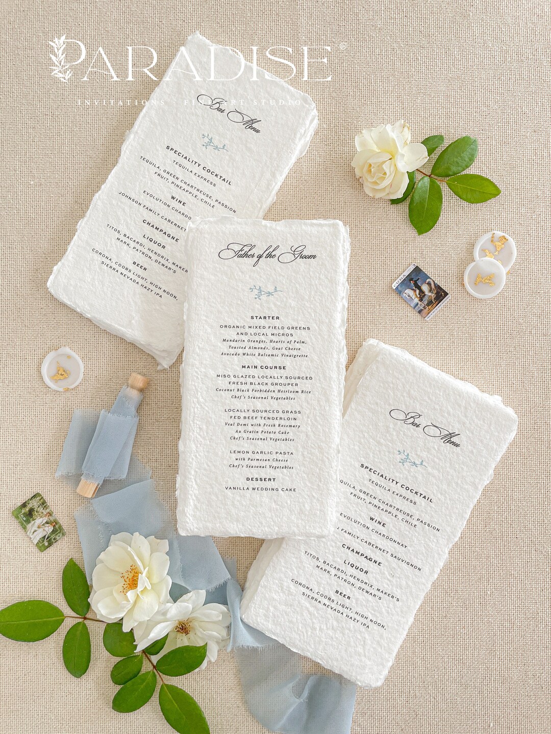 Serafina Handmade Paper Wedding Menus, Deckled Edge Paper Menus, Day ...