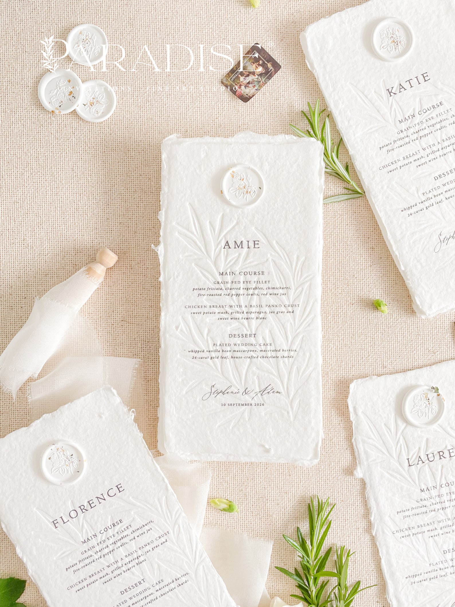 Embossed Handmade Paper Menus | Wax Seals With Dry Petals | Custom ...