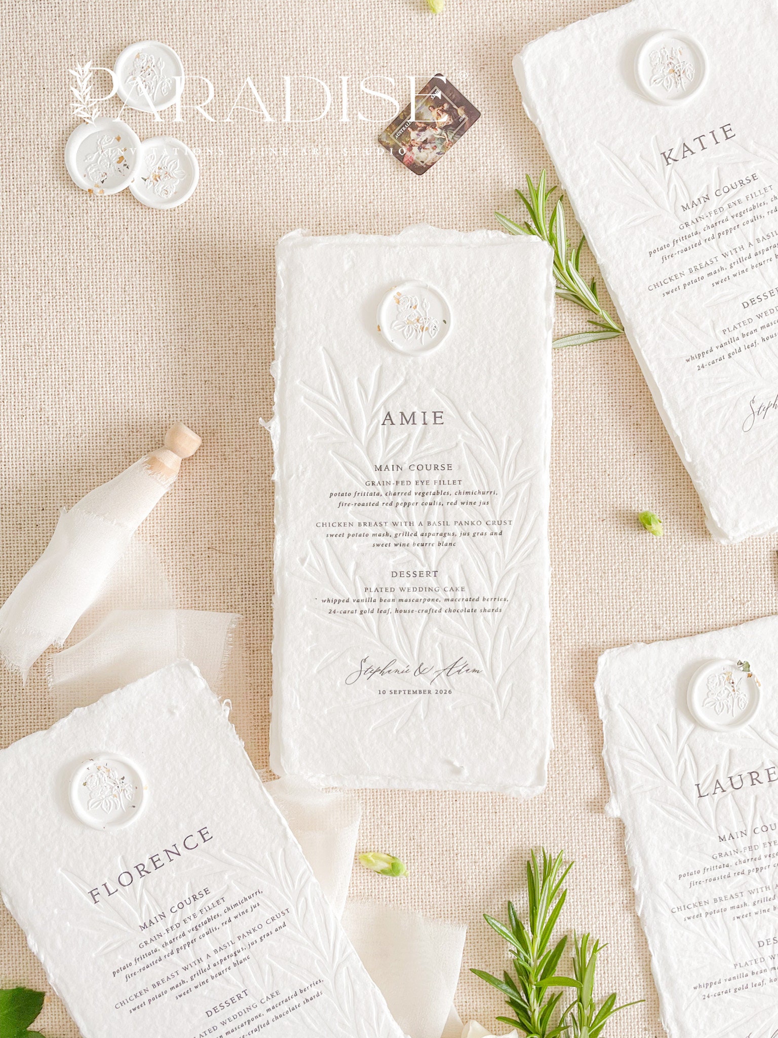 Embossed Handmade Paper Menus | Wax Seals With Dry Petals | Custom ...
