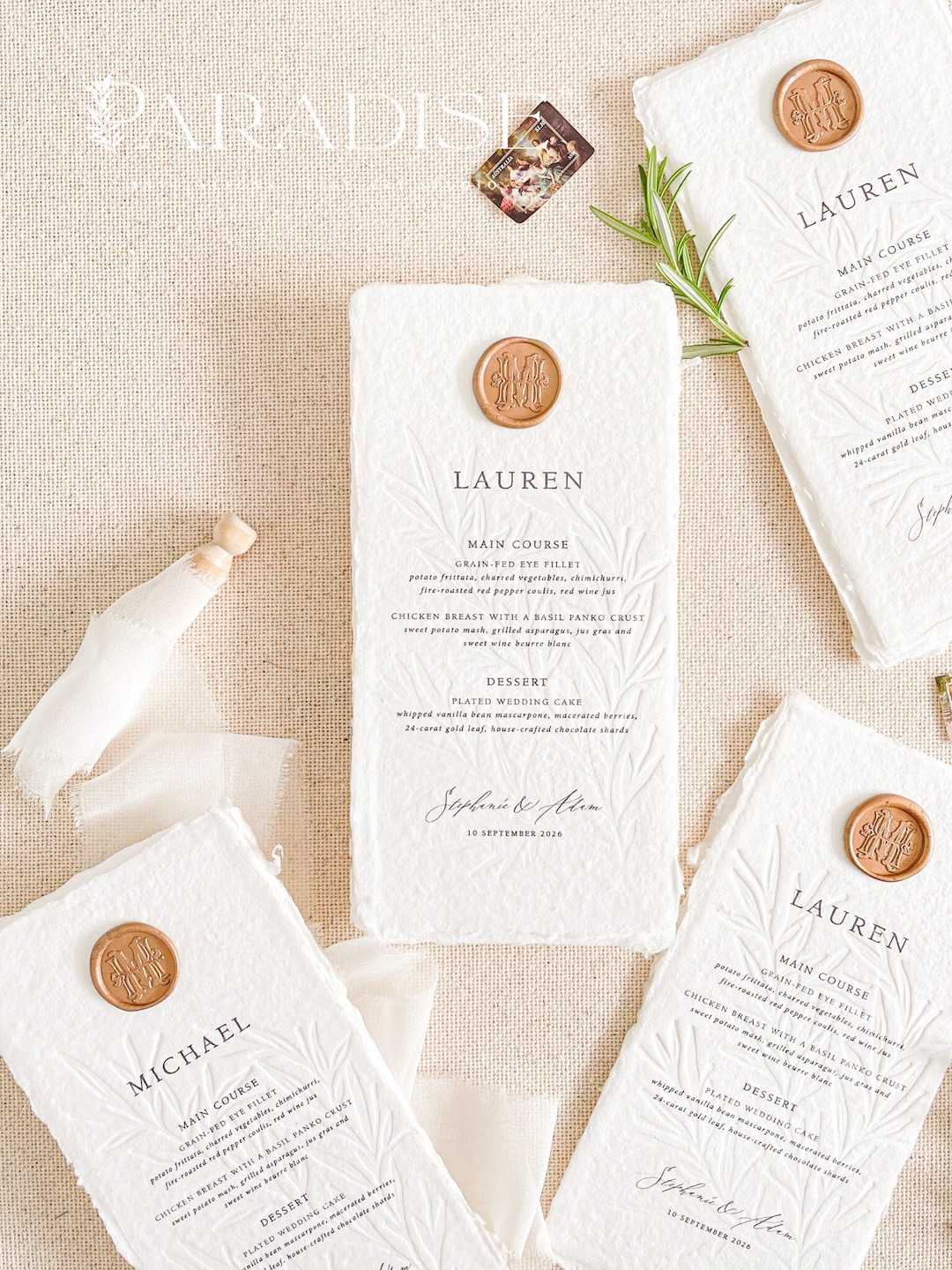 Genesis Embossed Handmade Paper Menus, Guests Names Place Cards ...