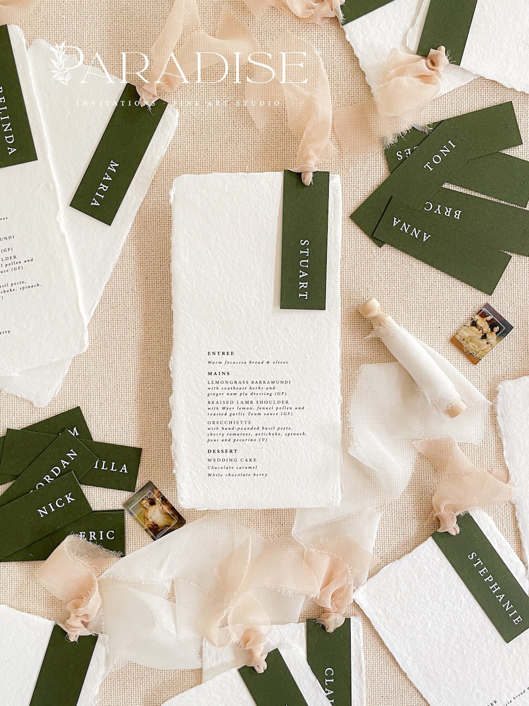 Jade Handmade Paper Wedding Menus, Deckled Edge Paper Menus, Forest ...