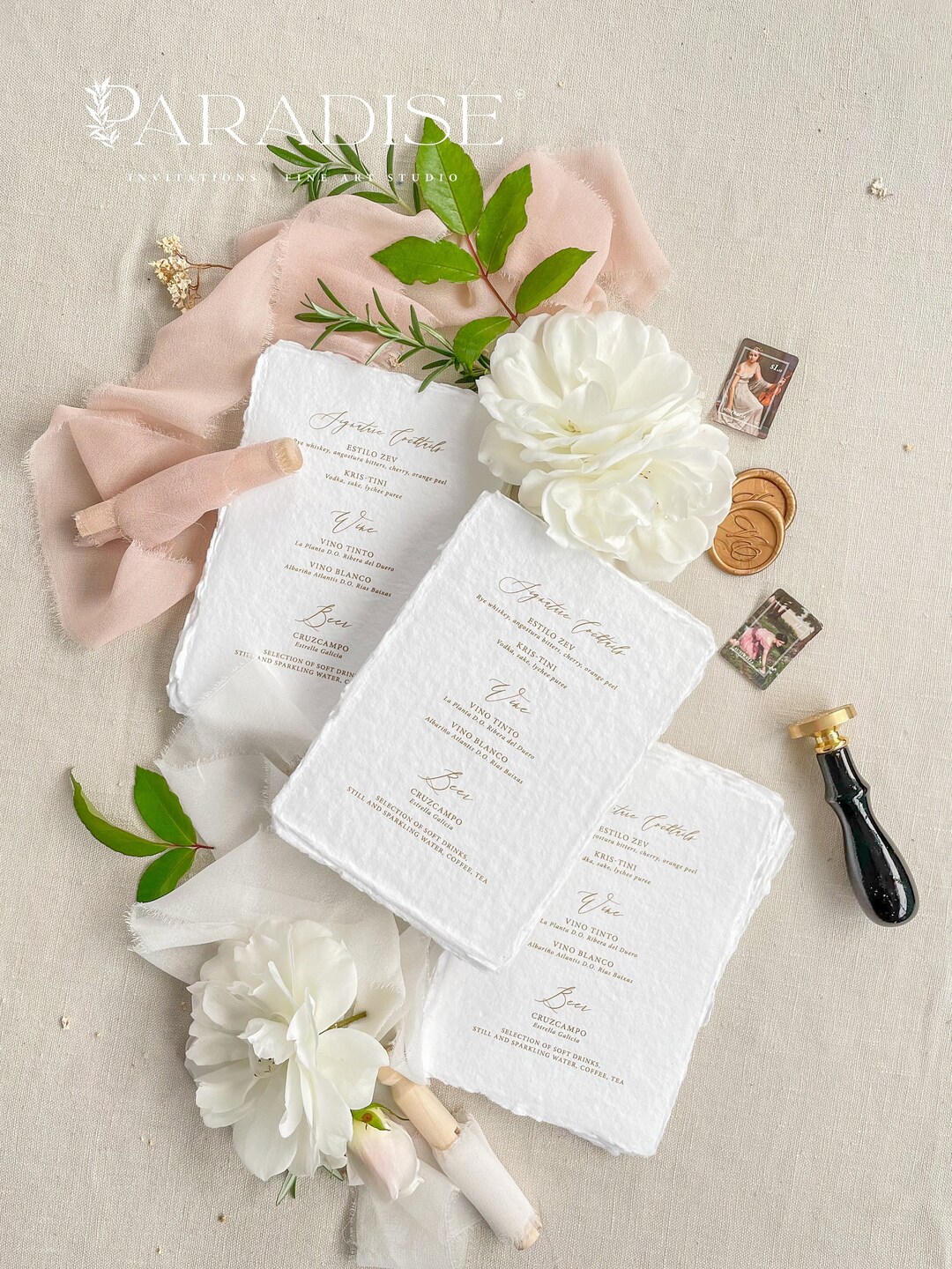 Mathilde Handmade Paper Wedding Menus, Deckled Edge Paper Menus, Day ...