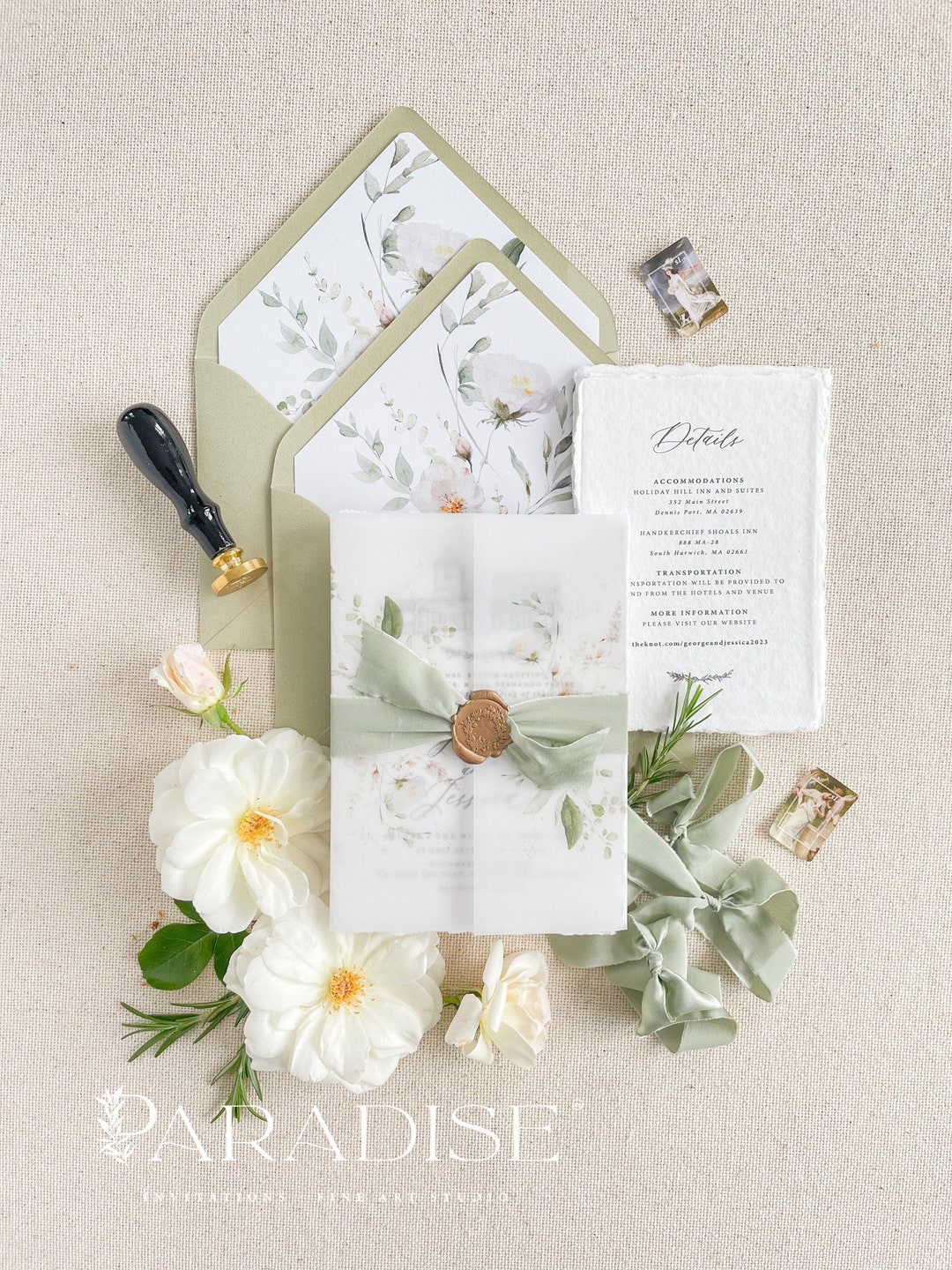 Diahann Handmade Paper Wedding Invitations, Vellum, Deckled Edge Paper ...