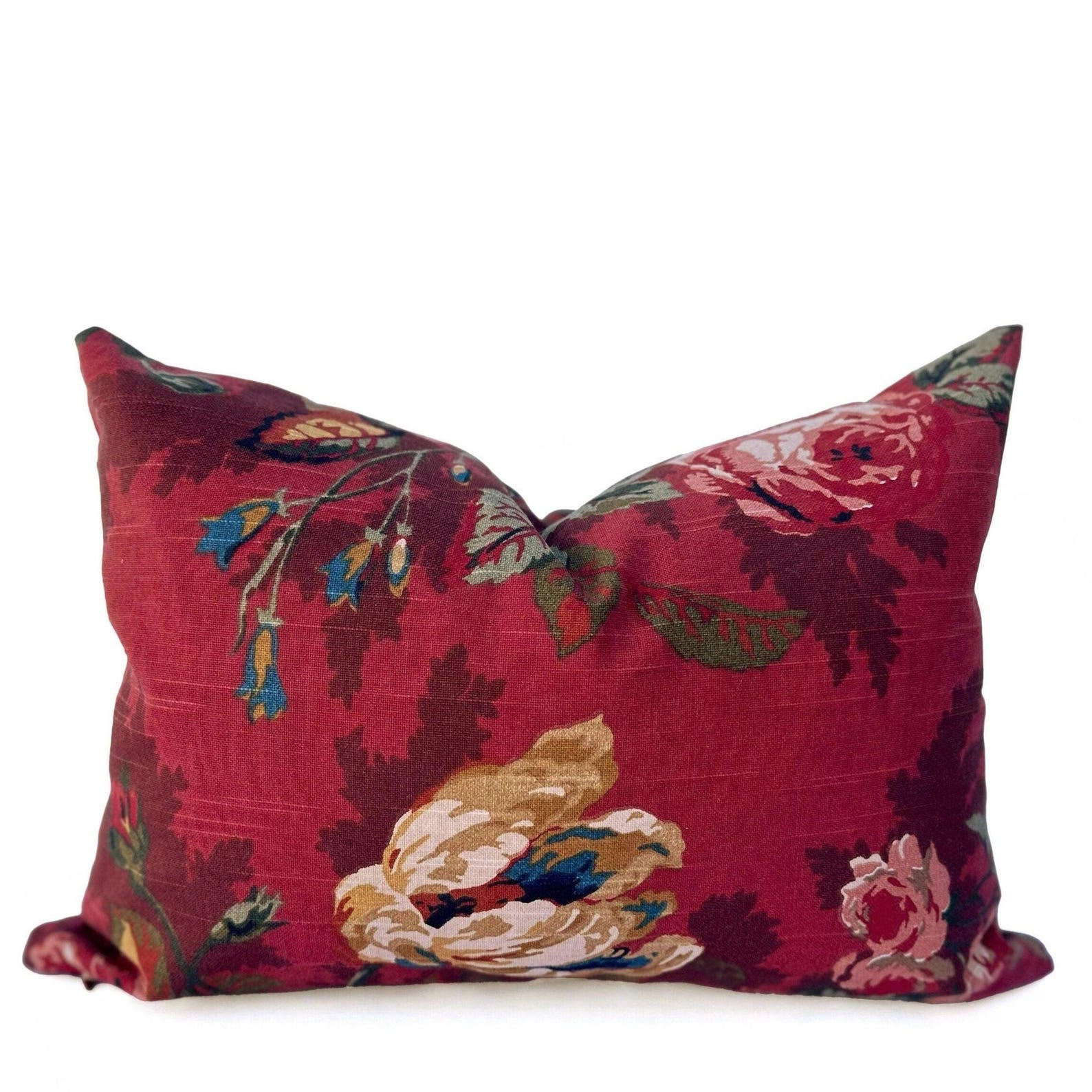 Crimson Red Floral Pattern Lumbar Pillow Maximalist Throw Pillow Cover ...