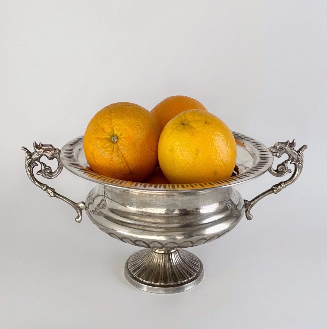 Pedestal Silver Plated Fruit Basin Ornate Fish Dish Handle Trophy Bowl ...