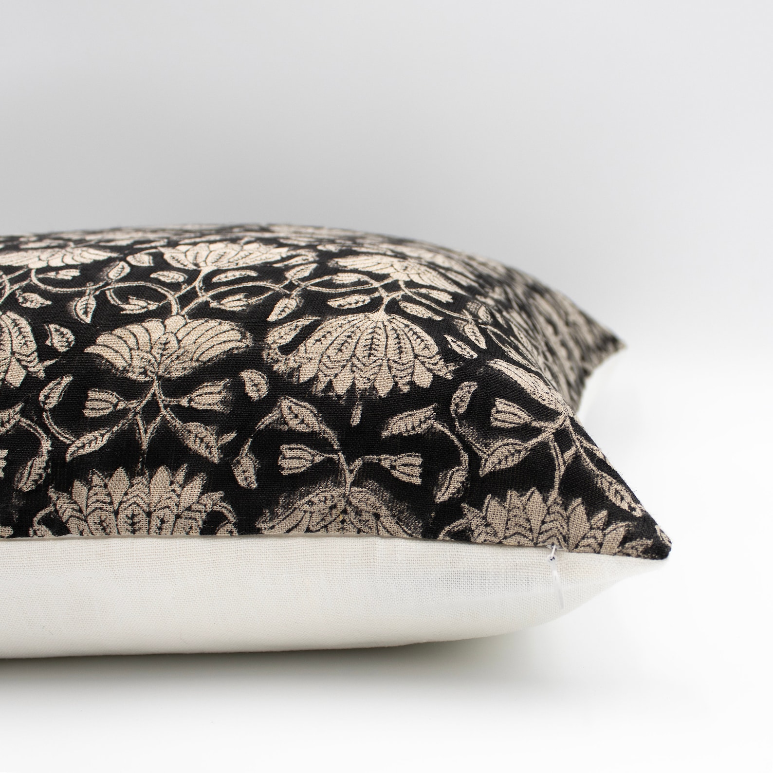 Vintage Inspired Floral Black Block Print Lumbar Linen Pillow Cover ...