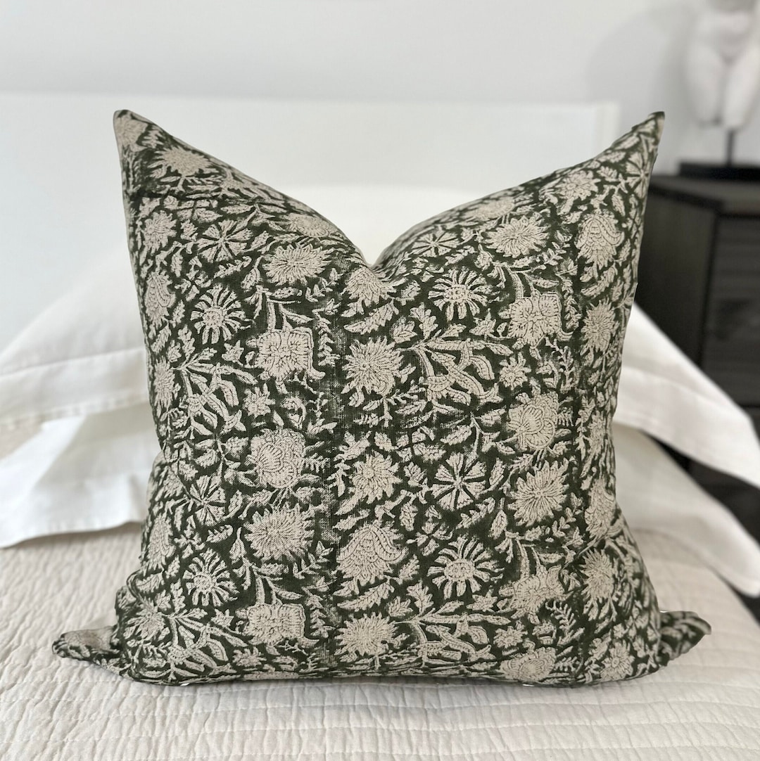 Green Floral Throw Pillow Botanical Cushion Cover Mom Handmade Big ...